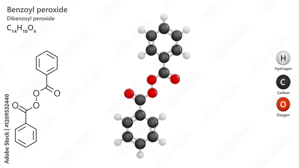 Molecule: Benzoyl Peroxide. Molecular structure. Formula: C14H18O4 ...