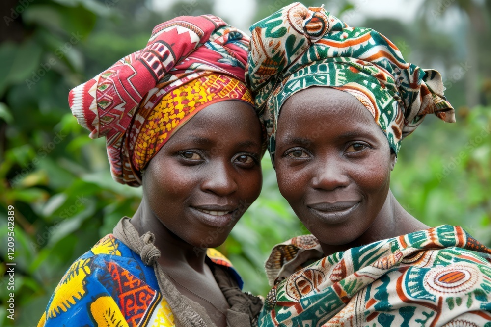 Portrait of two ugandan women wearing colorful traditional clothes and ...