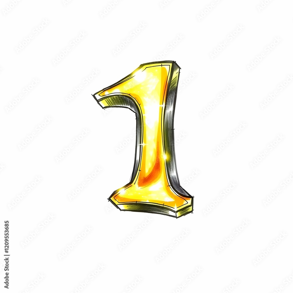 3d golden font number 1 like hand painting, number isolated text. on ...