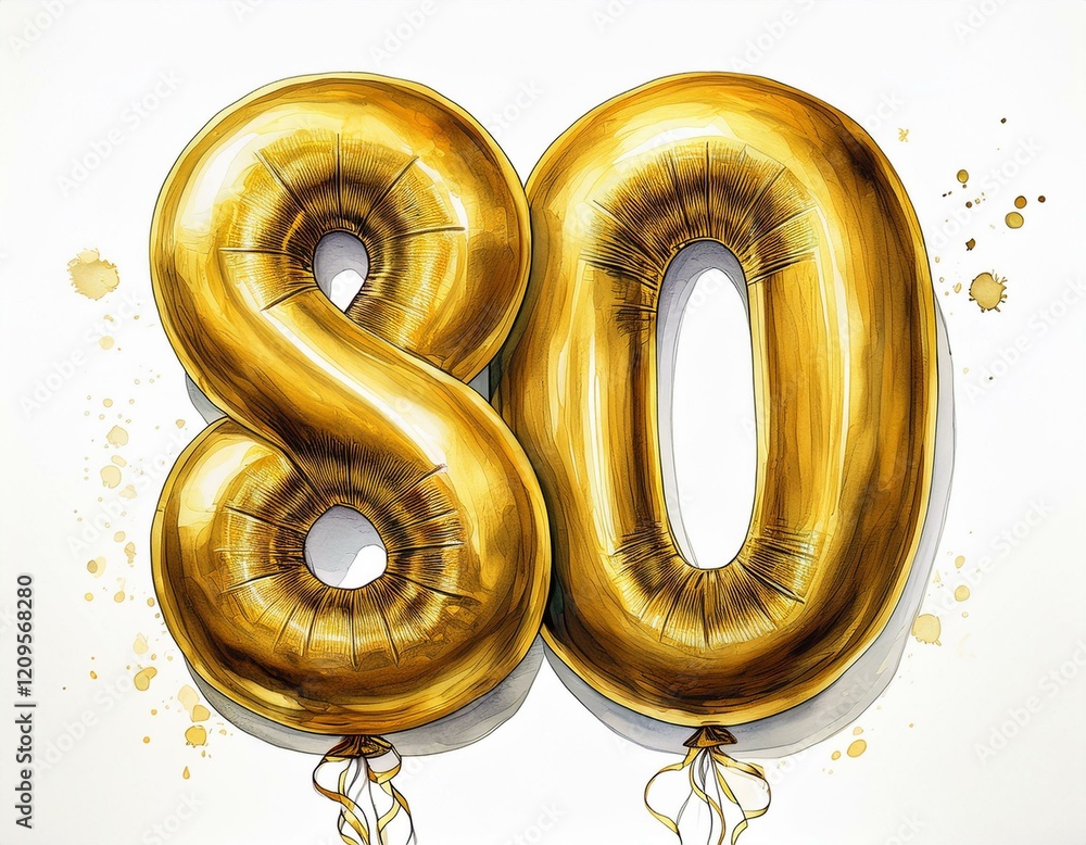Gold birthday / anniversary party balloon, number 80, watercolor ...