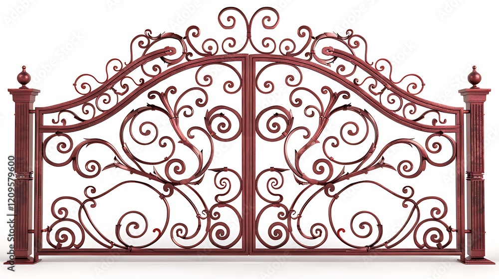 Ornate Iron Gate with Scrolling Design and Posts Isolated on White ...