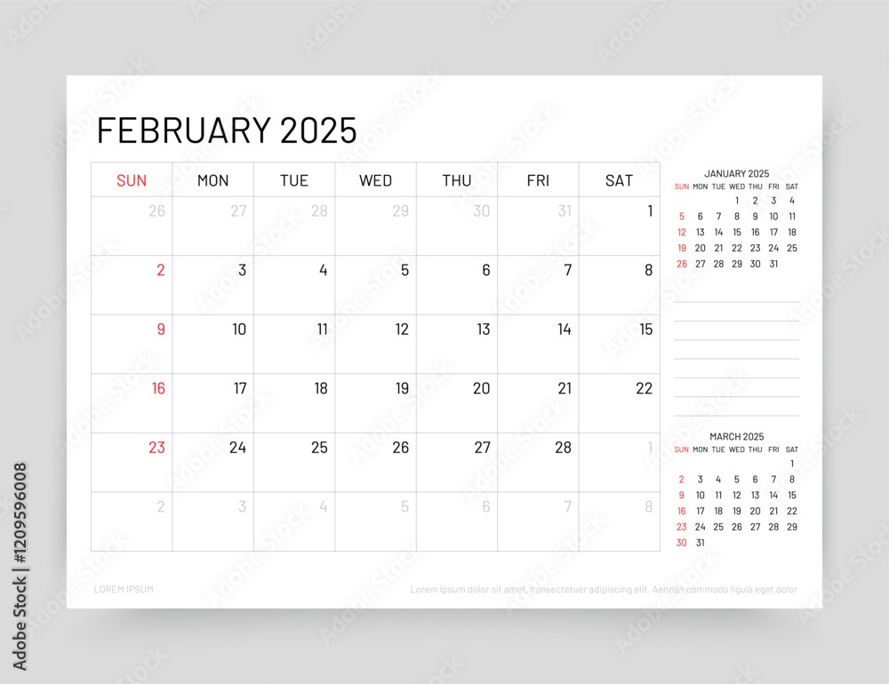 February 2025 calendar. Planner calender template. Week starts Sunday ...