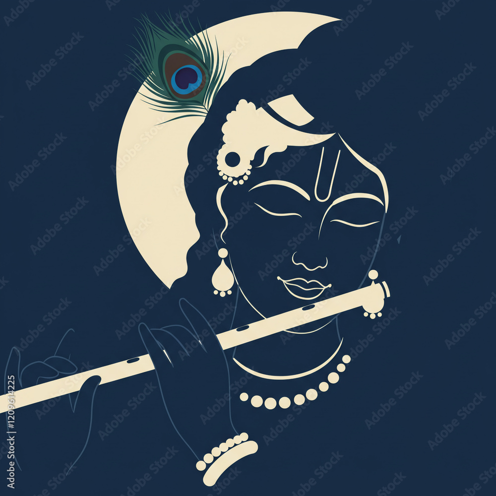 Line Art of Lord Krishna Playing Flute Under Full Moon with Peacock ...