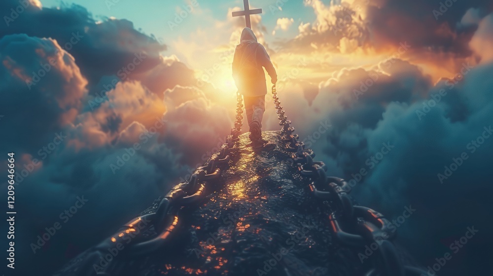 Salvation concept, man breaking from chains of sins, emerging into a ...