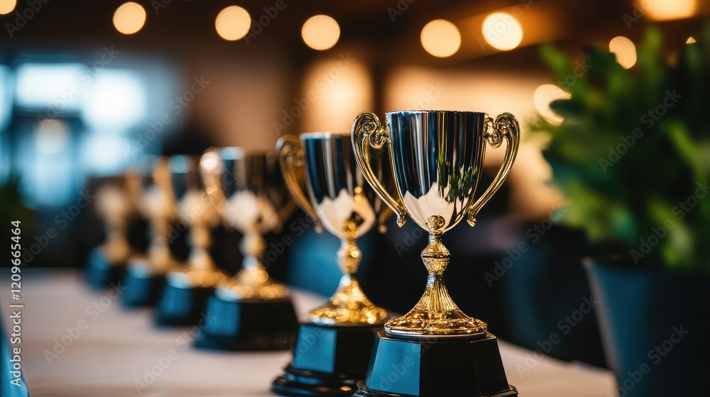 Elegant display of six sparkling trophies on a table emphasizing ...