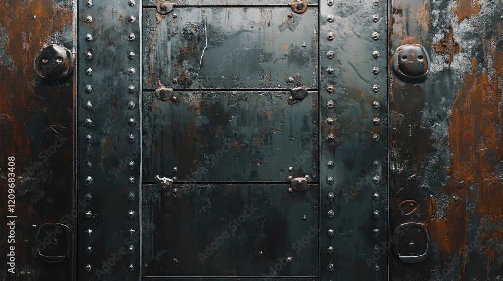 Rusty steel panel with industrial design and restricted area sign ...