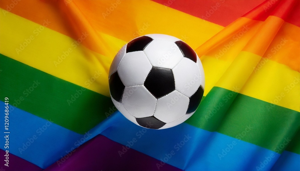 Football and soccer ball laying on rainbow flag as LGBT inclusivity ...