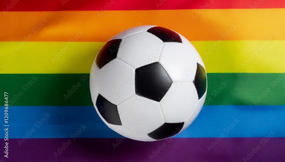 Black and white traditional soccer ball on a rainbow flag. Football and ...