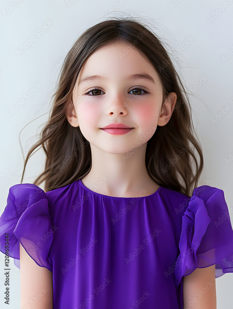Positive portrait of an 8 year old girl in vibrant purple attire ...