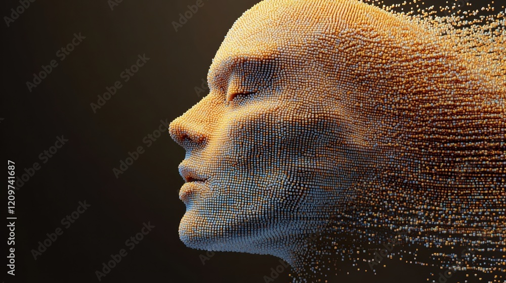 3D representation of a human head dissolving into particles with deep learning technology Stock ...