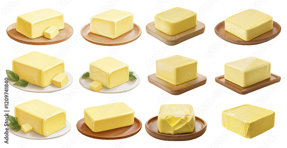 Assorted butter blocks in different shapes isolated on transparent ...