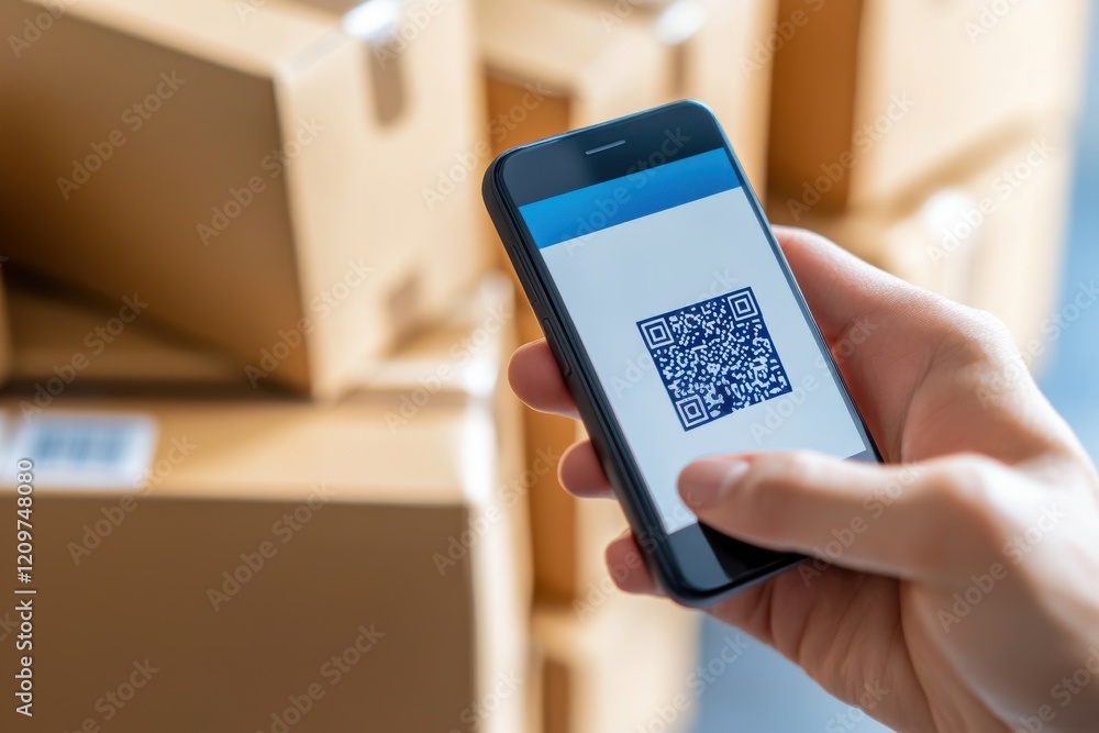 Person Scanning QR Code on Smartphone Next to Stacked Cardboard Boxes ...