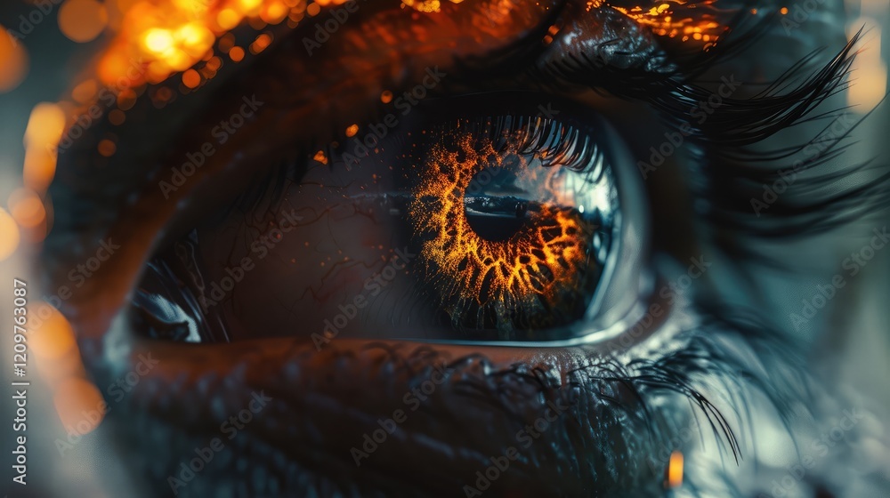 One ugly evil scary eye, many eyelids, close look, fire everywhere dark ...