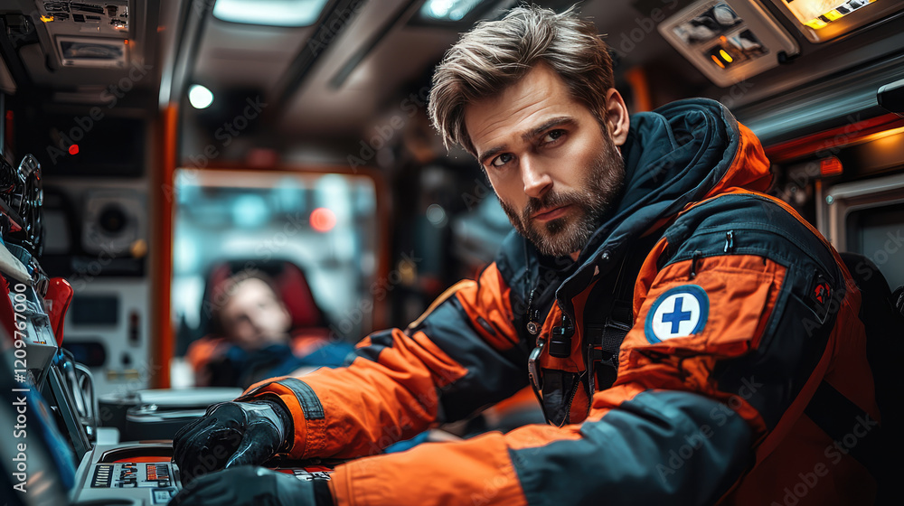 paramedic in orange uniform checks vital signs inside ambulance ...
