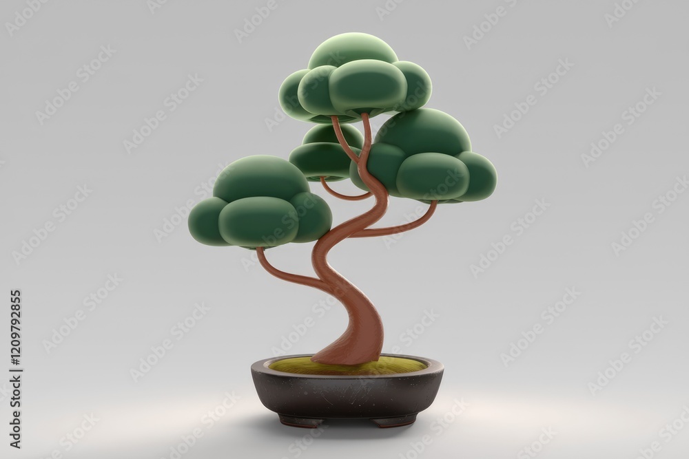 A stylized 3D rendering of a bonsai tree, featuring a cartoonish ...