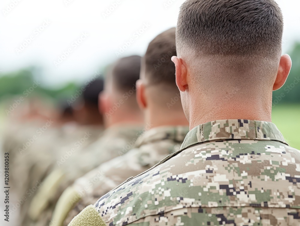 Soldiers in Uniform Line Up During Military Parade, Showing Back View ...