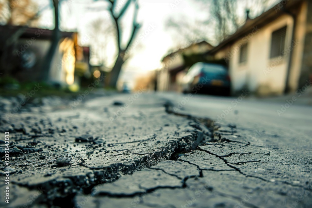 Cracked pavement reveals damage on an urban street in late afternoon ...