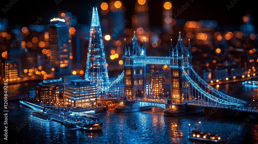 Night cityscape miniature model of London landmarks, Tower Bridge ...