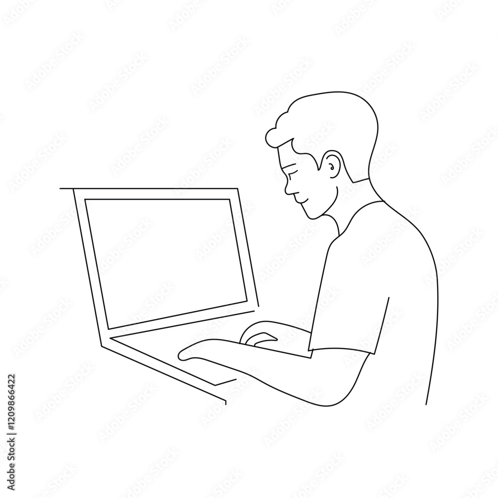 laptop typing drawing line art vector design isolated on white ...