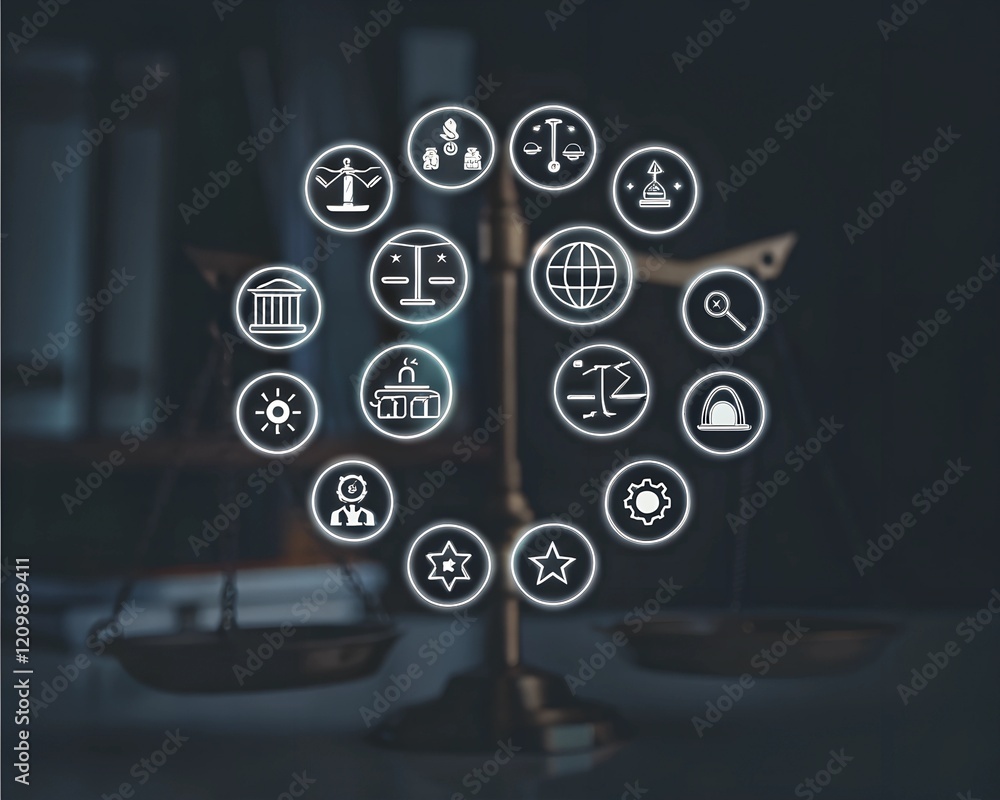 AI ethics and law in artificial intelligence governance. Icons related ...