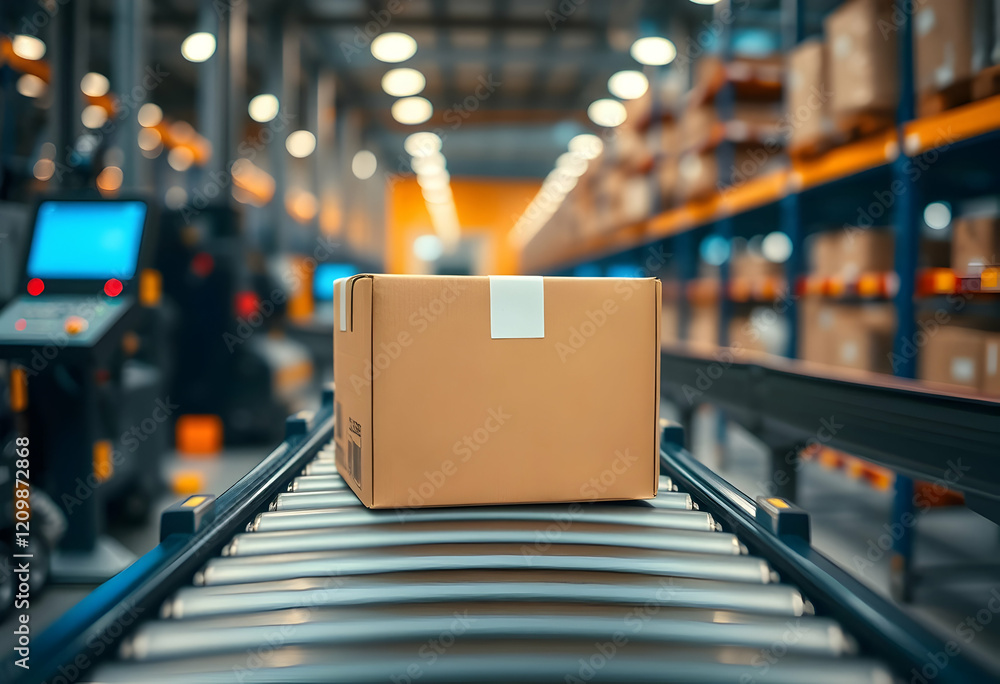 Cardboard box on conveyor belt, large warehouse interior, blurred ...