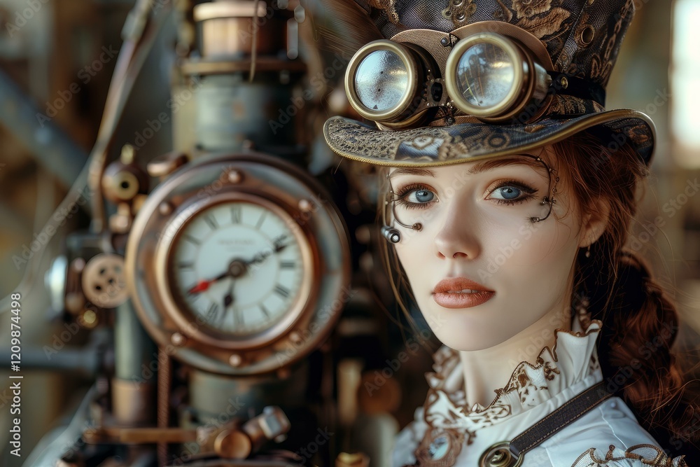 Steampunk inventor posing near a complex clock mechanism, wearing ...