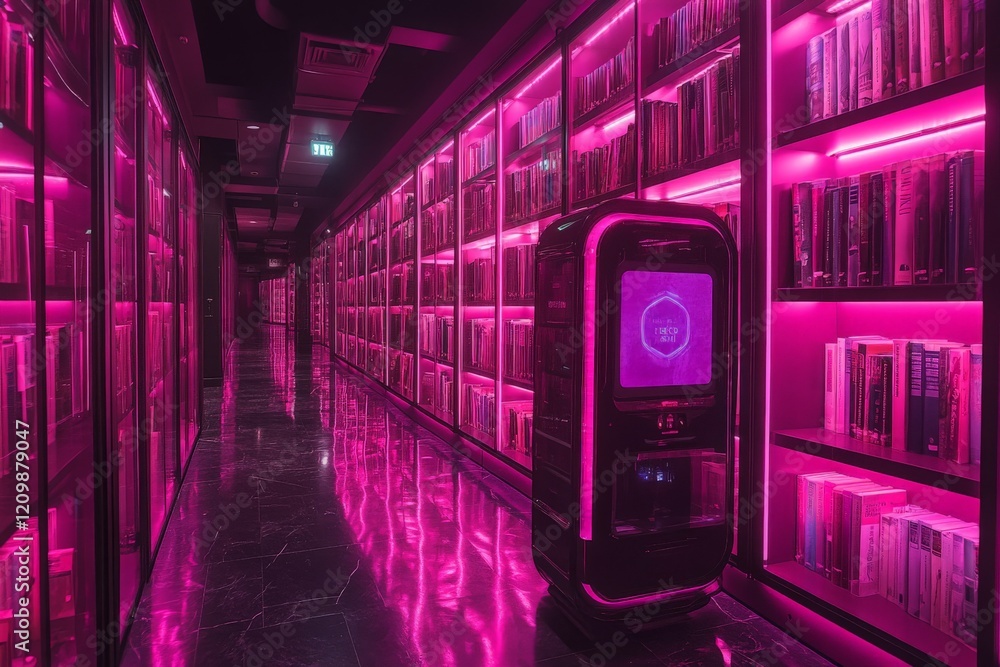 Modern library with neon lighting and automated book retrieval system ...