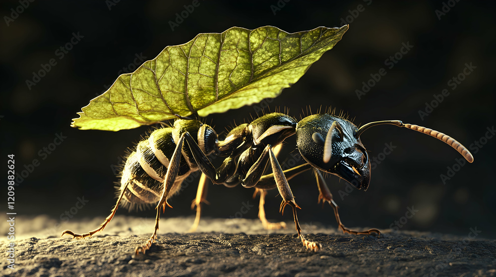 A highly detailed image of an ant carrying a leaf, focusing on its ...
