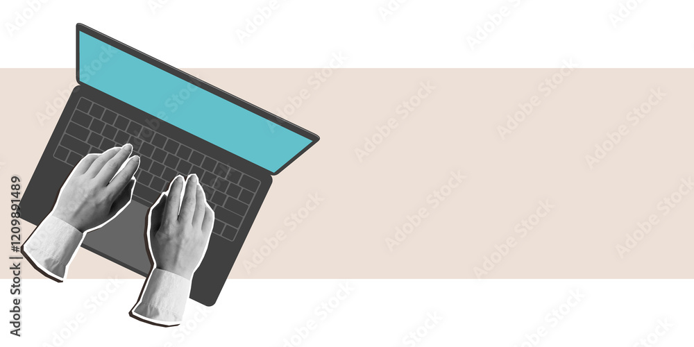 Hands typing text on the keyboard of an open laptop, top view, place ...