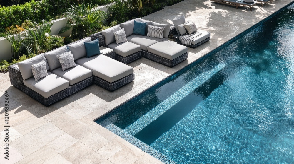 Drone perspective of a luxury poolside area, featuring modern seating ...