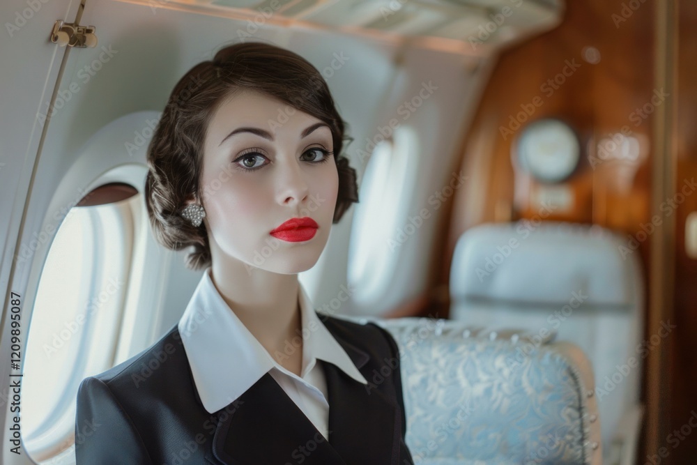 Stewardess wearing classic uniform sitting inside first class cabin of ...