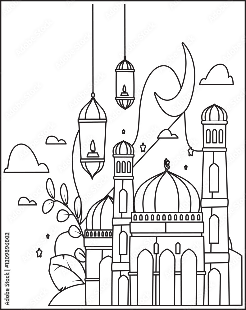 Download Ramadan Coloring Page: Black And White Line Art Of Mosque ...