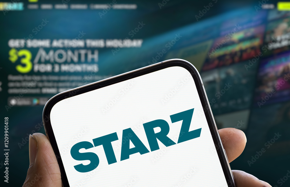 Dhaka, Bangladesh- 4 Jan 2024: Starz logo is displayed on smartphone. STARZ is an American pay ...
