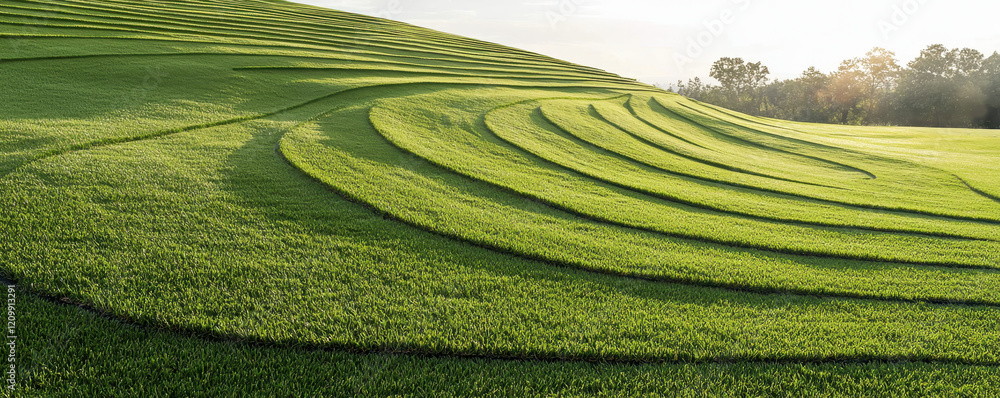 Lush green artificial grass lawns in geometric wave patterns create ...