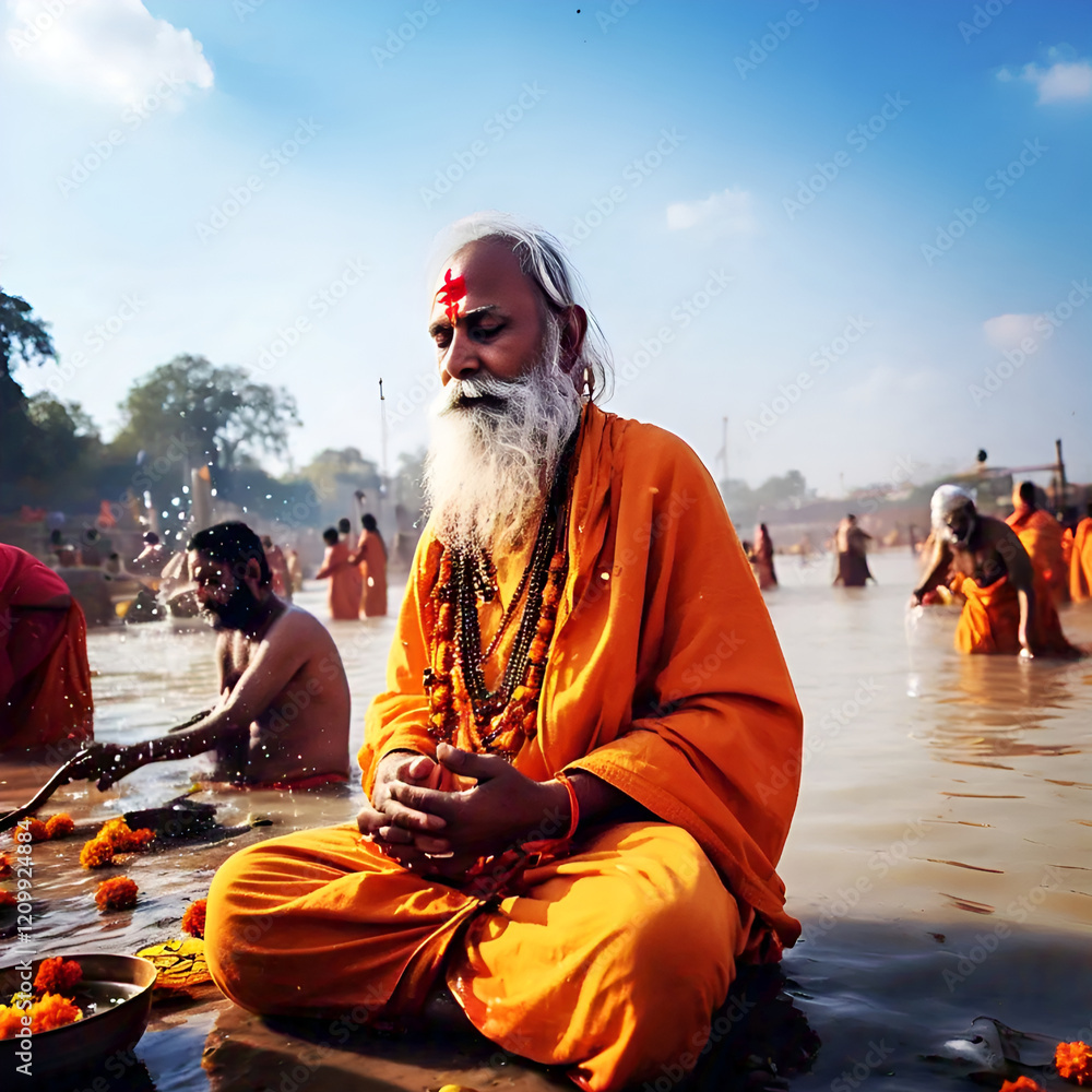 Ascetic Sadhu Meditating by the Riverbank at Kumbh Mela 2025 with ...
