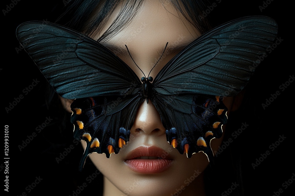 model poses large black butterfly covering her eyes creating mysterious ...