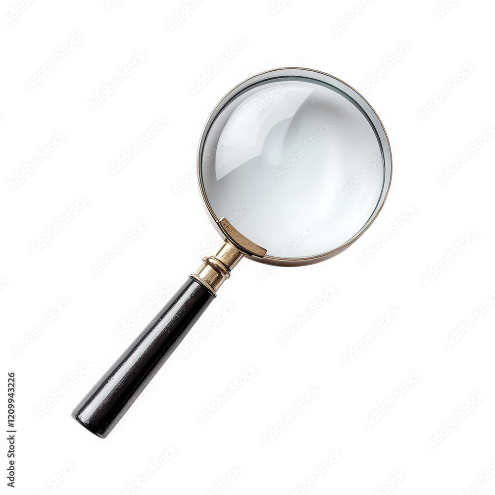 classic magnifying glass with a round lens and a black handle. resting ...
