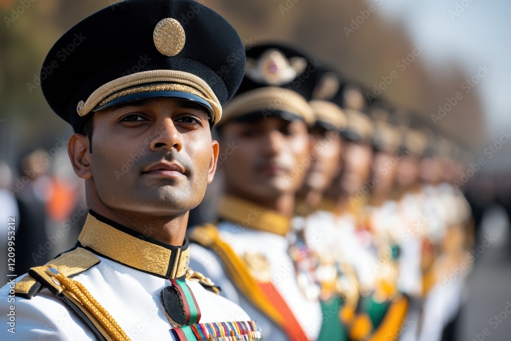 A line of uniformed soldiers stands proudly during a military parade ...