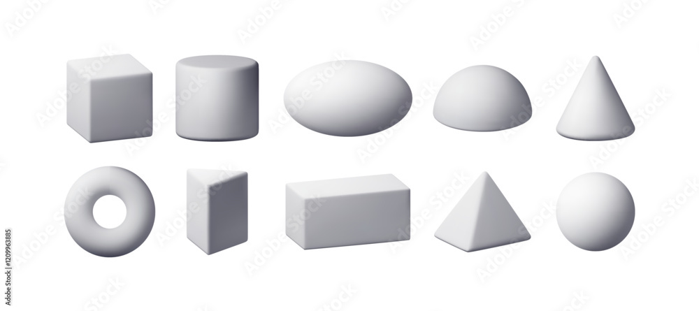 3d set of white simple figures isolated. Render basic geometric shapes ...