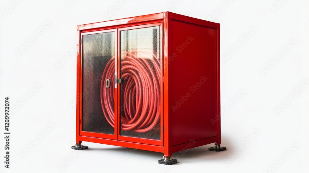 Fire hose building industrial. A bright red fire hose cabinet ...