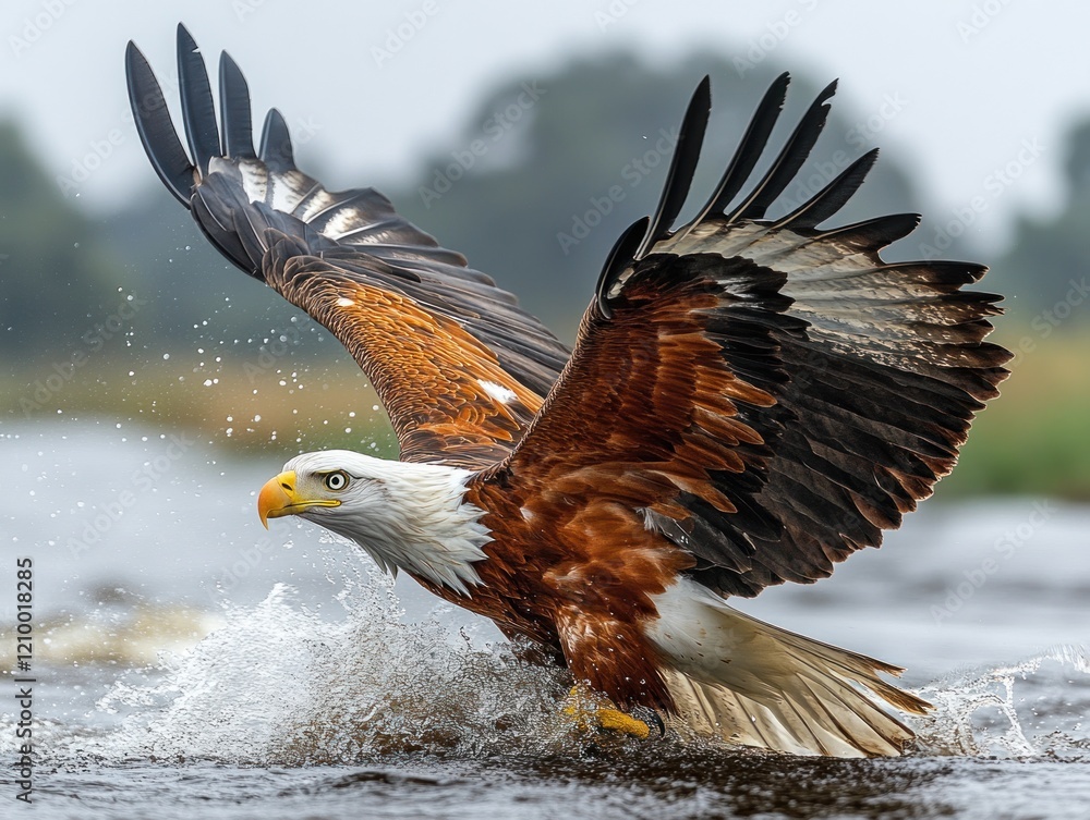 Majestic eagle takes flight from water with spread wings causing a ...