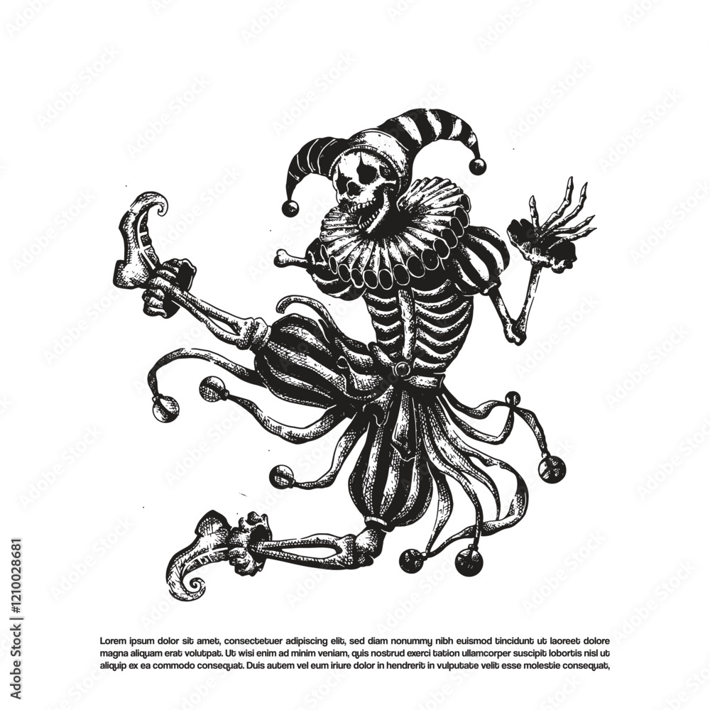 Vintage retro grunge dark art skeleton clown. Dancing Jester clown ...