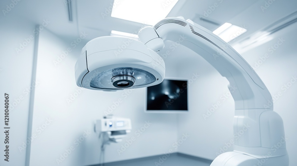 Modern C-arm in sterile operating room, X-ray displayed, medical ...