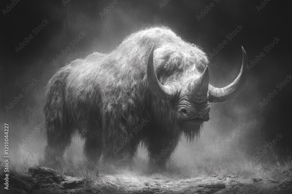 Woolly rhino, prehistoric landscape, dust cloud, monochrome, extinct ...