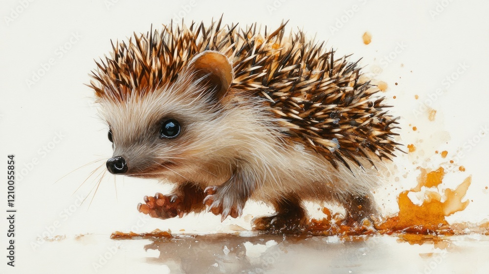 Running hedgehog, watercolor splash, white background, cute pet, nature ...