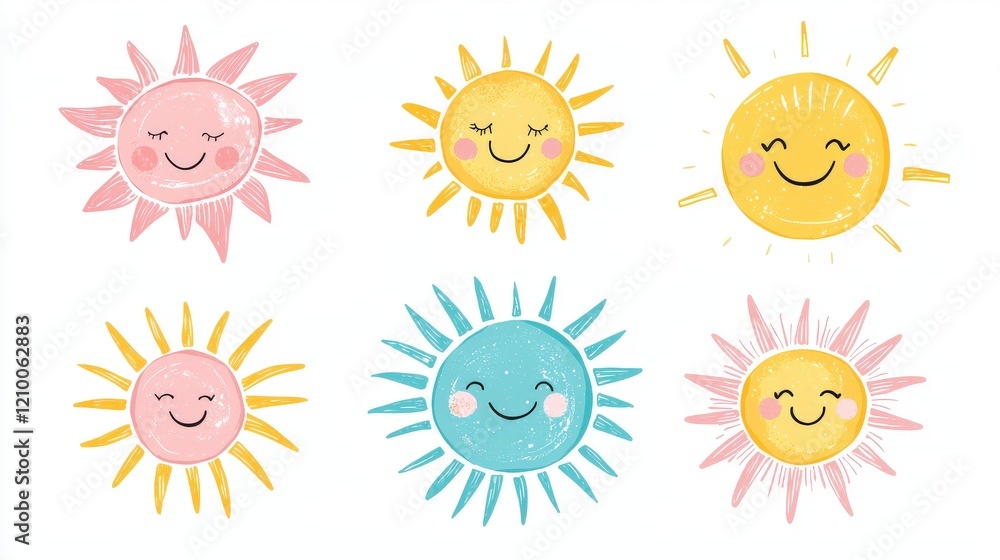 Cute Pastel Sun Vector Clip Art Design in Pink, Yellow, and Teal for ...