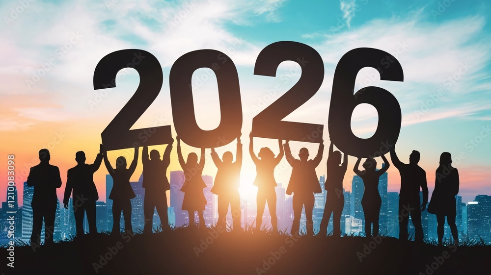 In a vibrant sunset backdrop, a group of individuals raises large ...