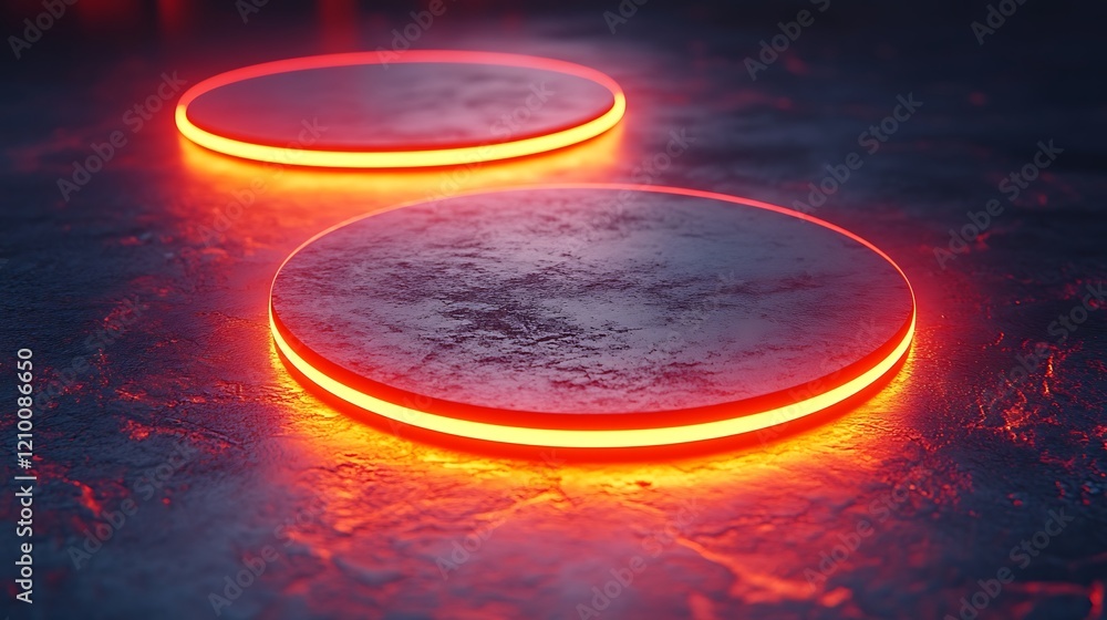 Fiery Circular Platforms: Two circular platforms, seemingly made of ...