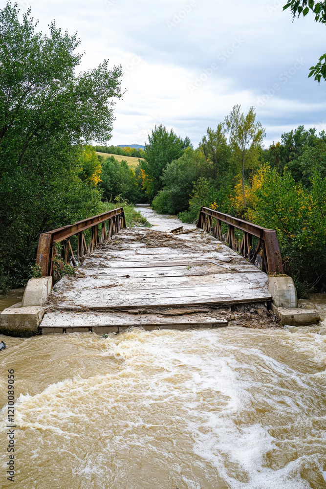 Destroyed road bridge after a powerful river flood Stock Photo | Adobe ...