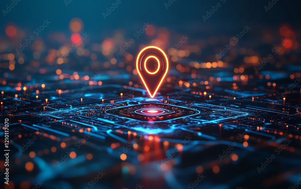 Glowing digital geolocation GPS interface with dynamic map and location ...